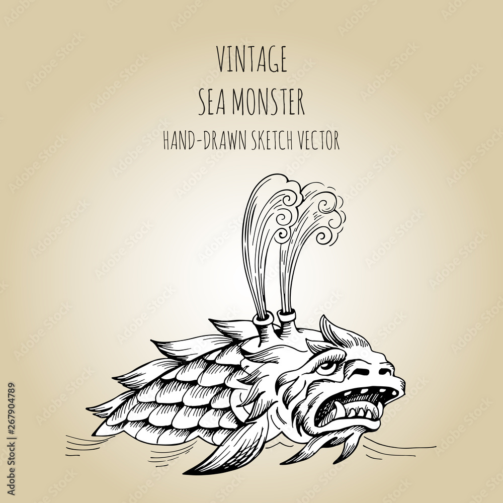 Mythological vintage sea monster. Fragment design of old pirate ...
