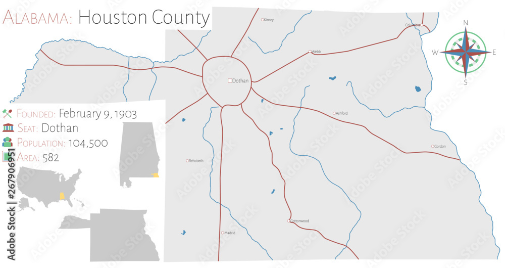 Large and detailed map of Houston county in Alabama, USA Stock Vector ...