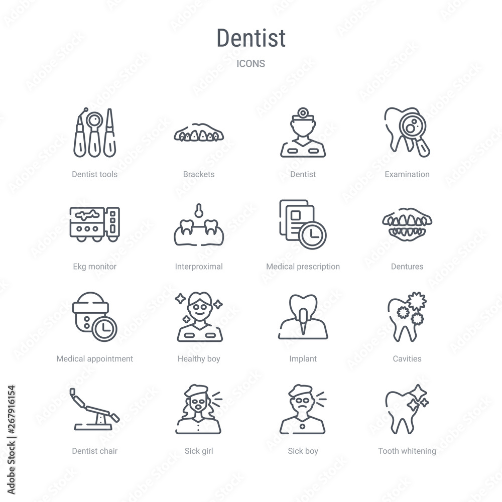 set of 16 dentist concept vector line icons such as tooth whitening ...