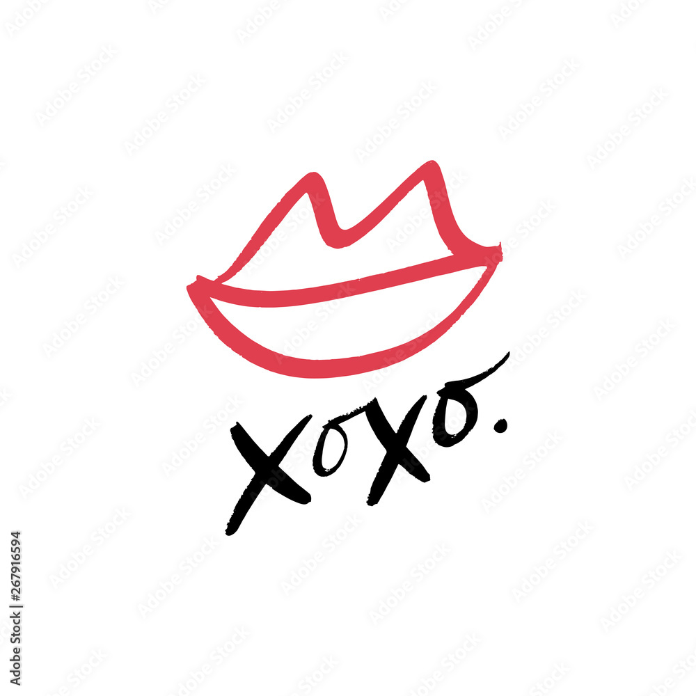 Hand drawn line sketch lipstick kiss symbol, hugs and kisses text ...