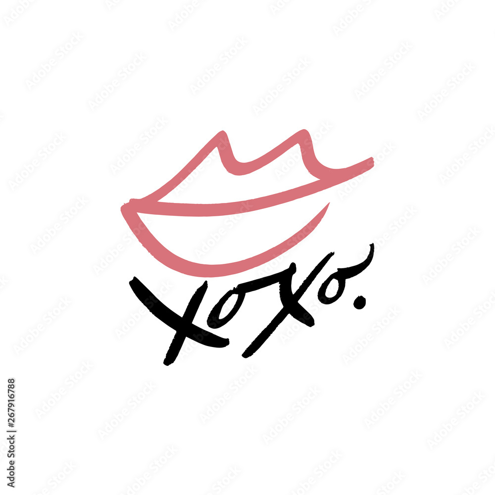 Hand drawn line sketch lipstick kiss symbol, hugs and kisses text ...