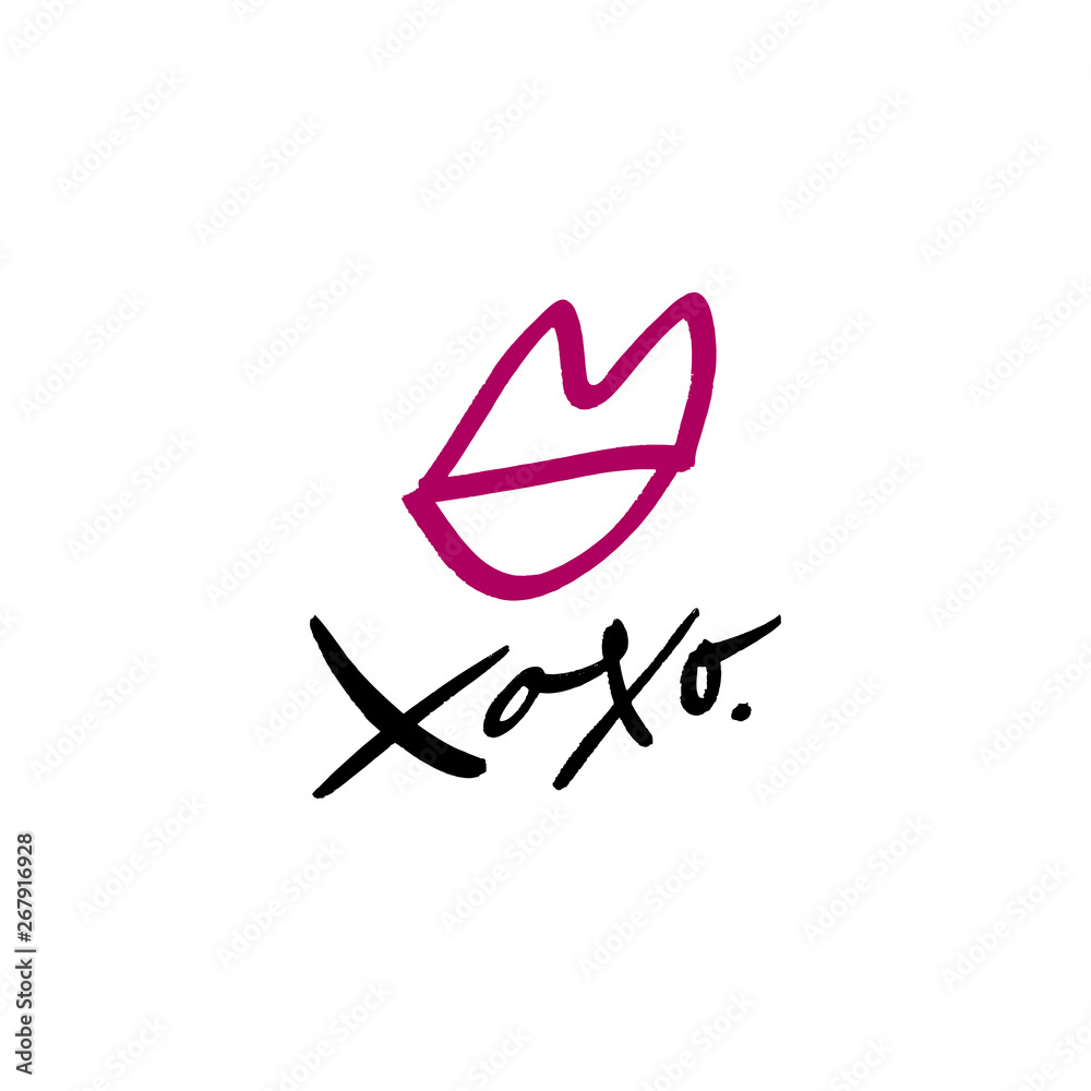Hand drawn line sketch lipstick kiss symbol, hugs and kisses text ...