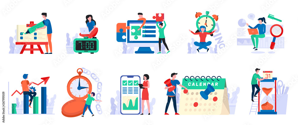 Time management and organization vector, people with calendar and ...