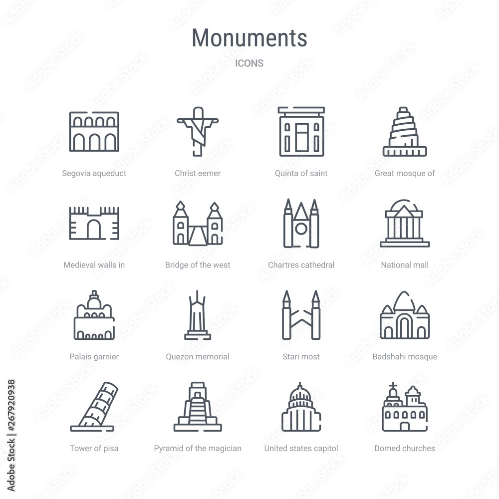 set of 16 monuments concept vector line icons such as domed churches ...