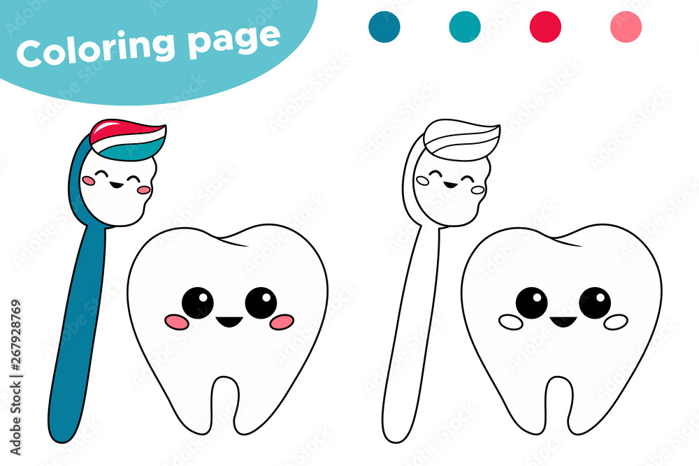 Cute kawaii cartoon tooth and toothbrush. Coloring page for children ...