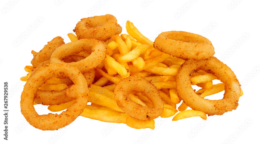 French fries and fried onion rings isolated on a white background Stock ...