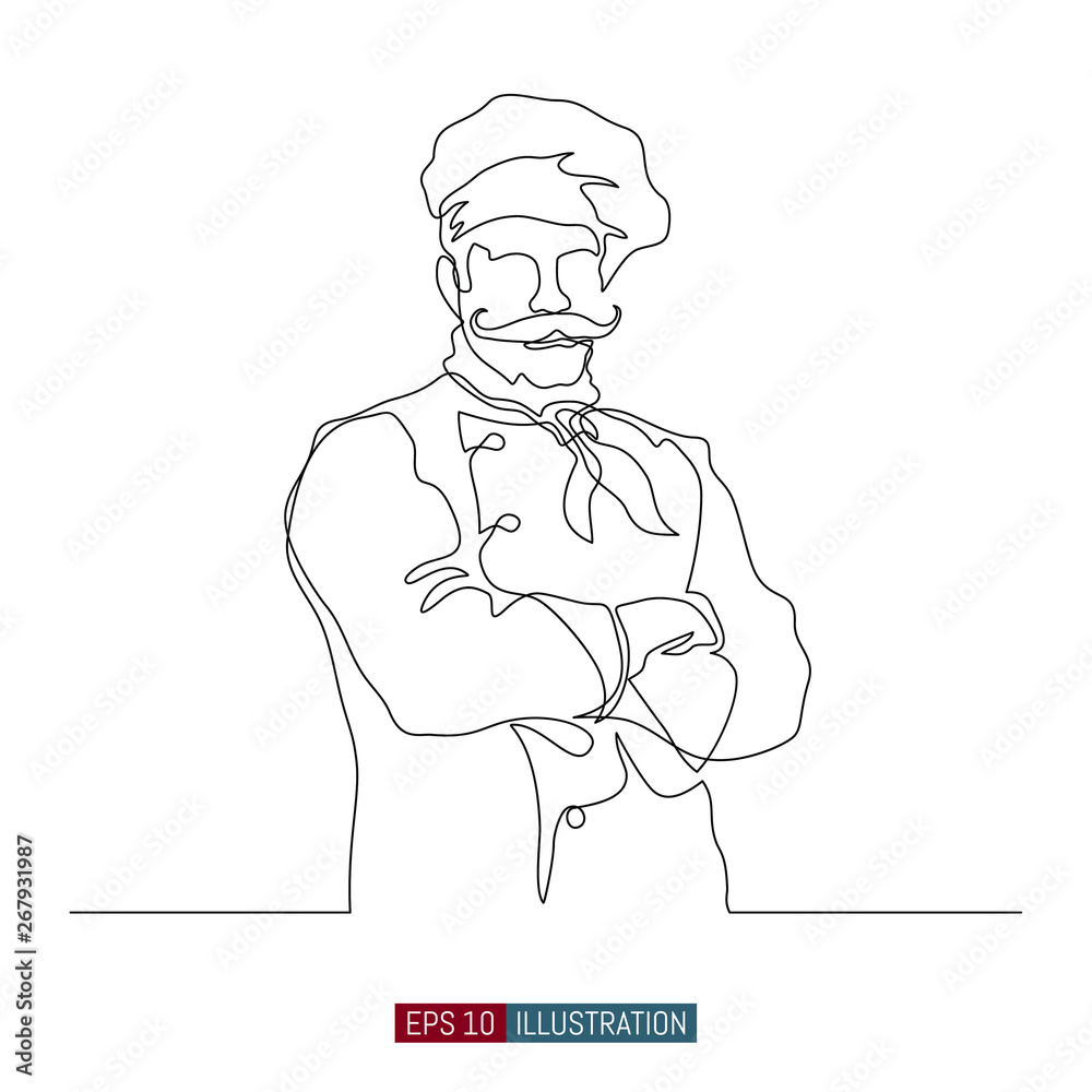 Continuous line drawing of hand drawn chef. Smiling male character ...