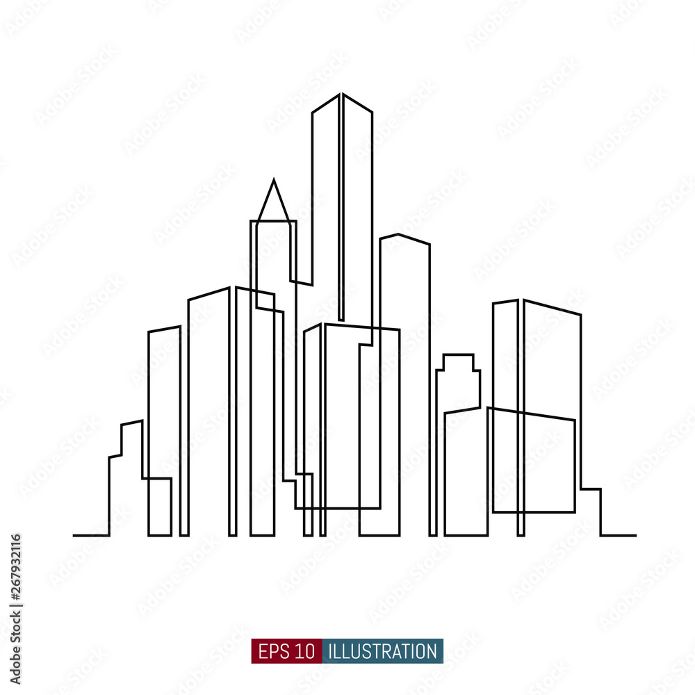 Continuous line drawing of city skyline. Template for your design ...