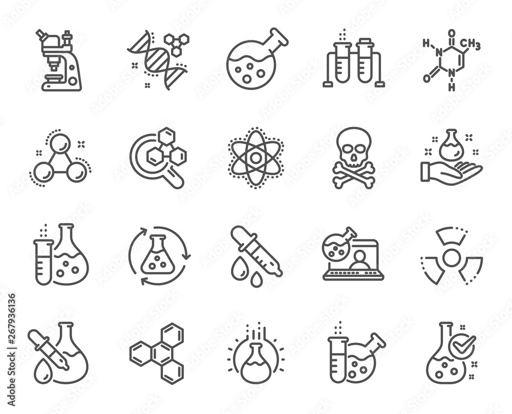 Chemistry lab line icons. Chemical formula, Microscope and Medical ...