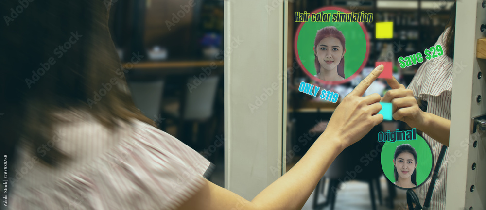 iot smart retail futuristic technology concept, happy girl try to use ...