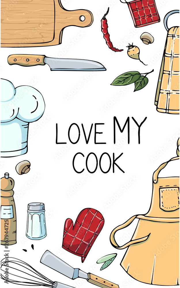 Hand drawn illustration with Kitchen Utensils. Actual vector drawing of ...