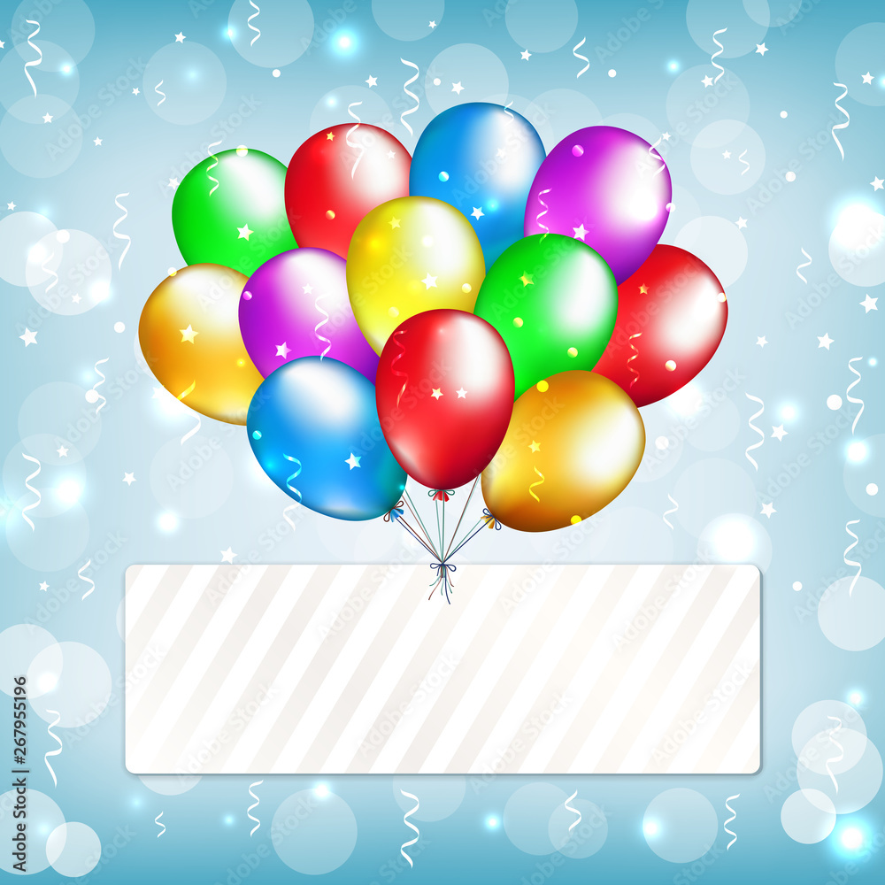 Party background with colorful balloons and label. Happy birthday card ...