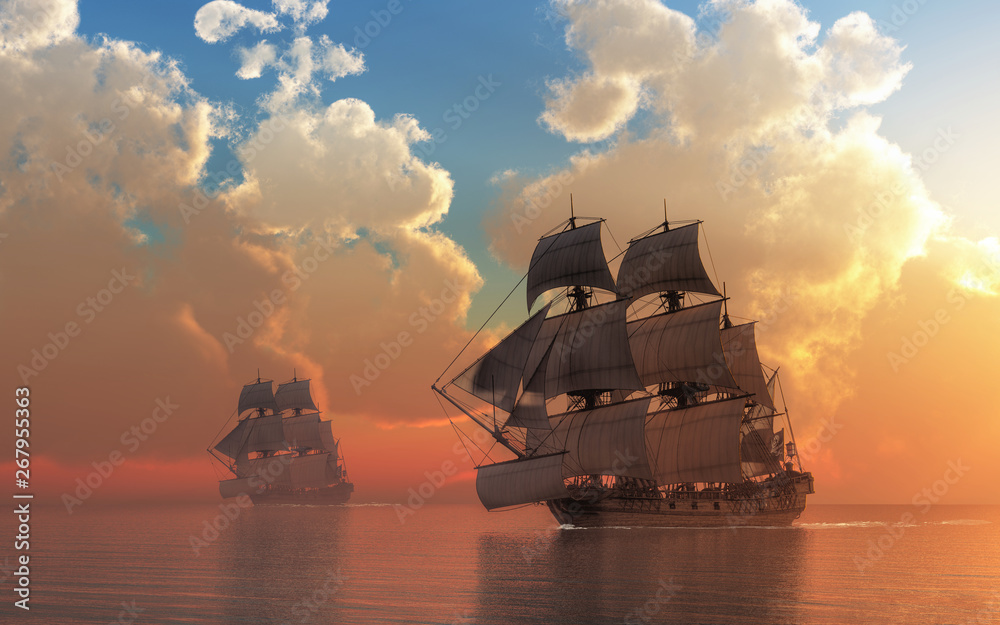 In this nautical scene of the 18th century, a pair of pirate ships sail ...