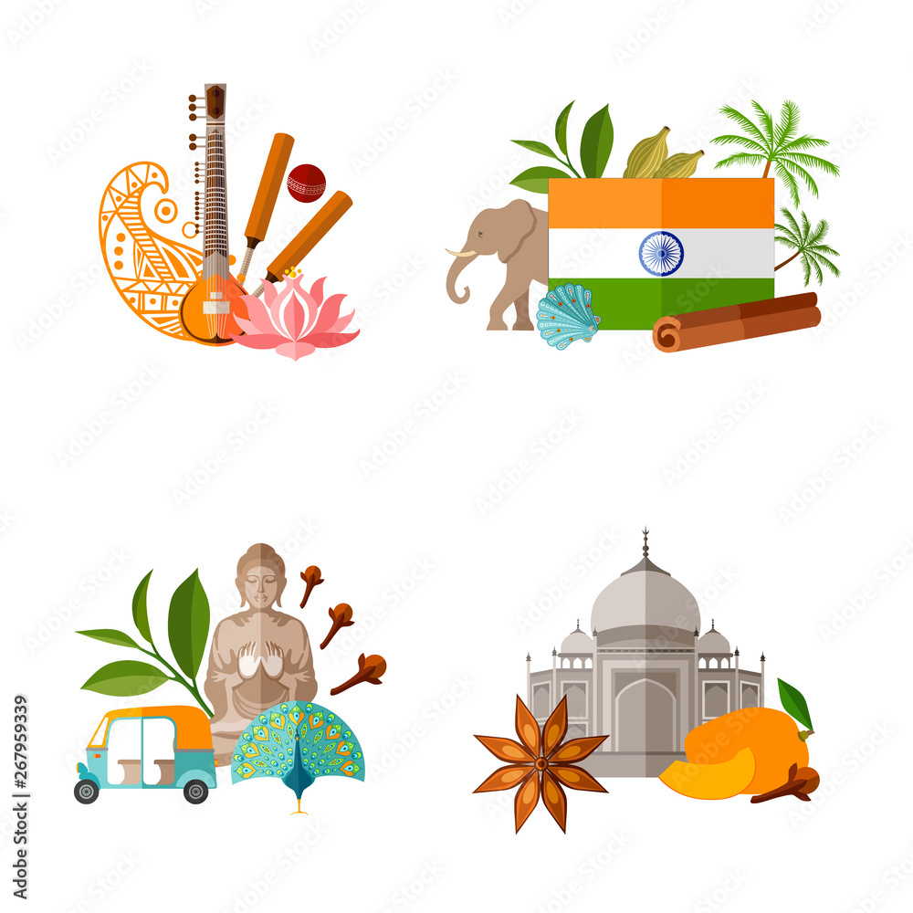 Set of compositions with symbols of India. Pre-made cards in flat style ...