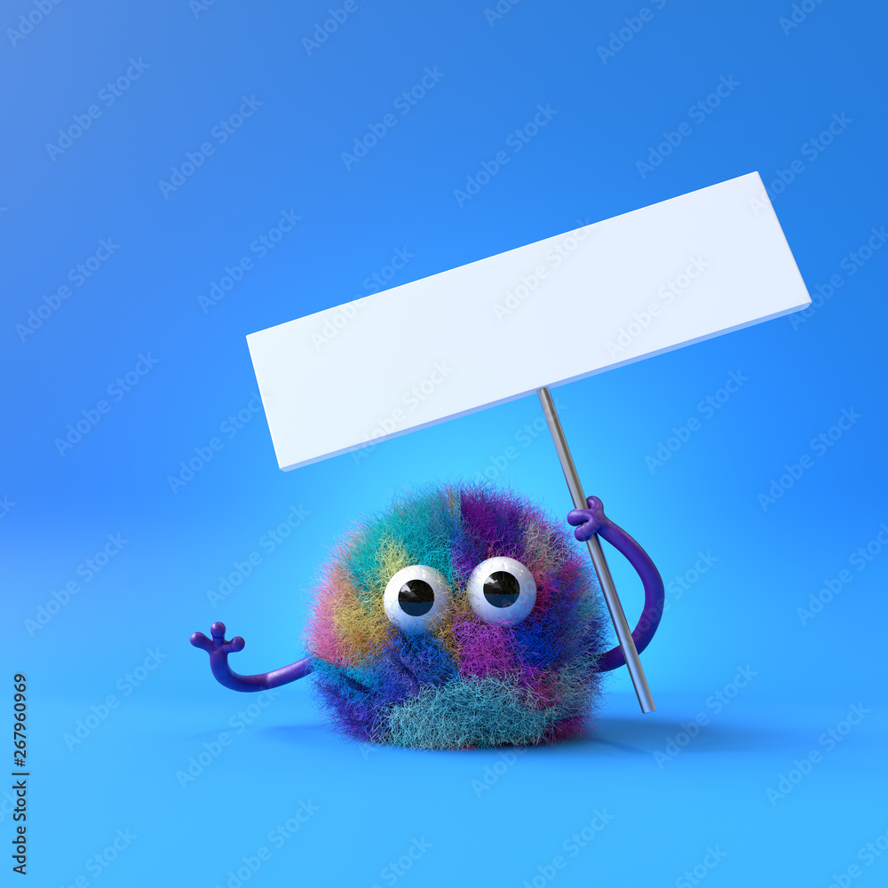 3d cute monster holding up a blank sign,colorful cartoon character ...