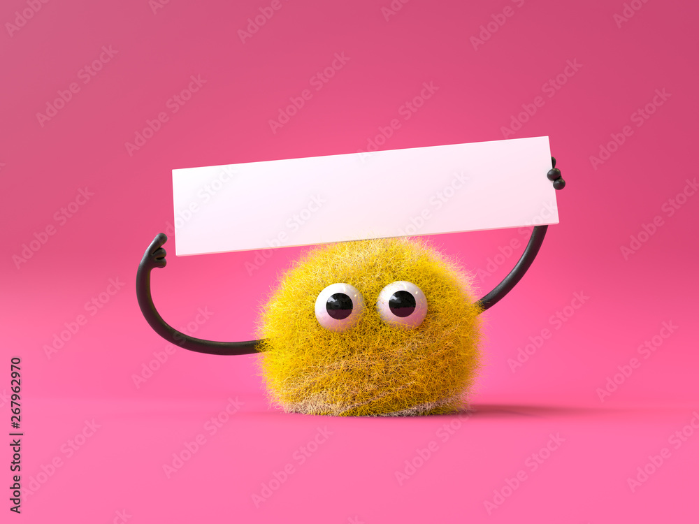 3d cute monster holding up a blank sign,colorful cartoon character ...