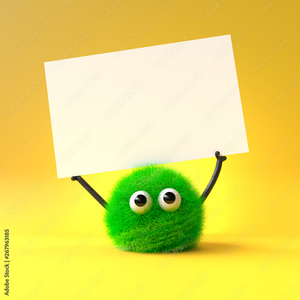 3d cute monster holding up a blank sign,colorful cartoon character ...