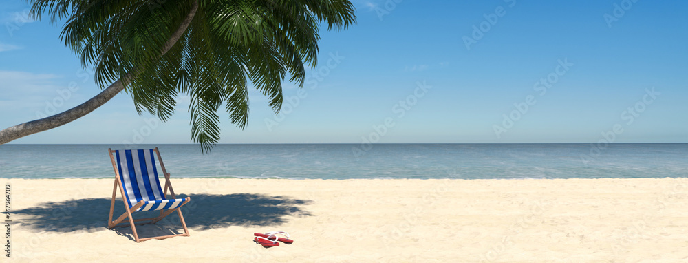 Strand Szene mit Liege unter Palme am Meer Stock Illustration | Adobe Stock