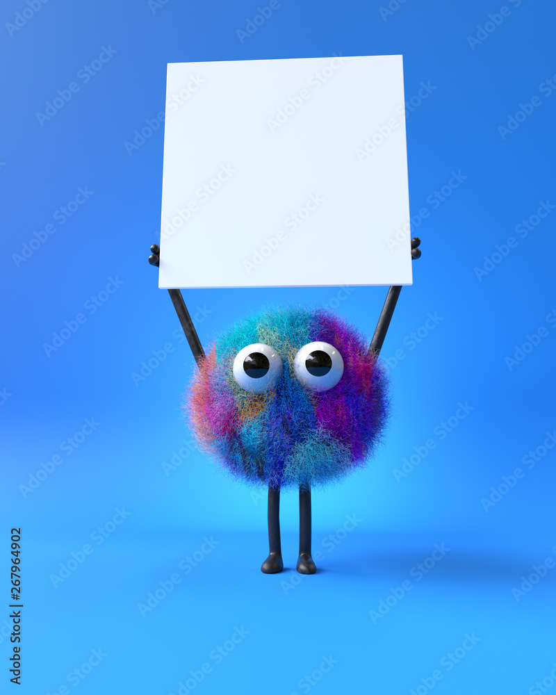 3d cute monster holding up a blank sign,colorful cartoon character ...