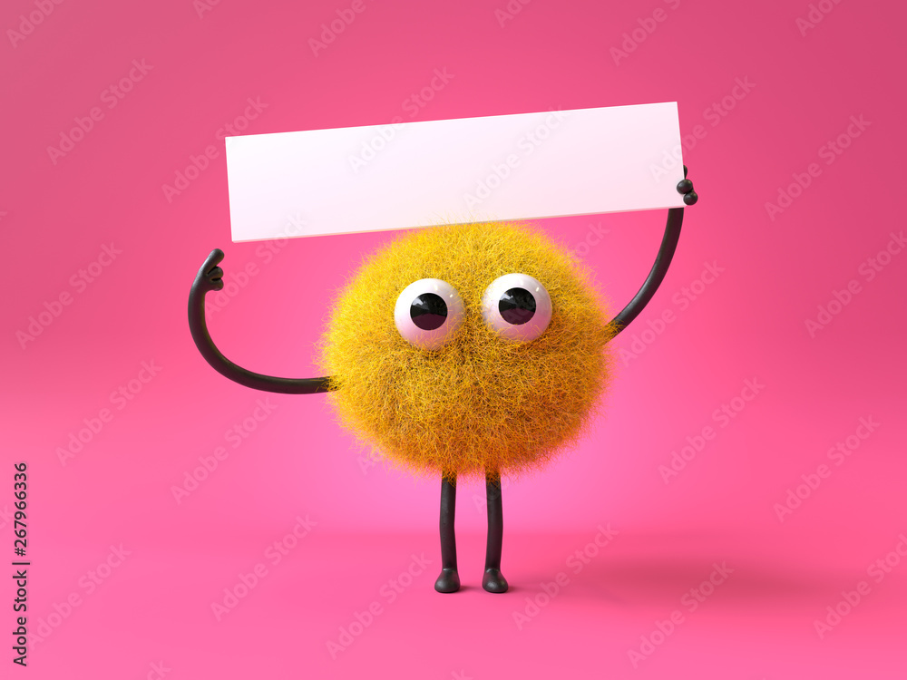 Poster 3d cute monster holding up a blank sign,colorful cartoon ...