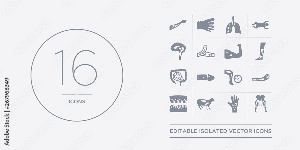 16 vector icons set such as sciatica, scleroderma, scrapie, scurvy ...