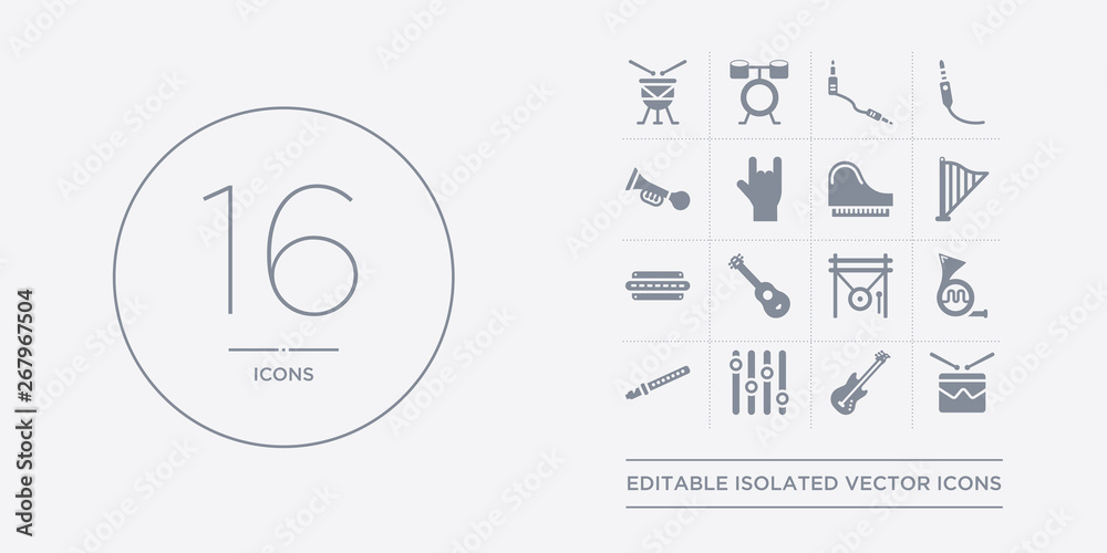 16 vector icons set such as drumsticks, electric guitar, equalizer ...