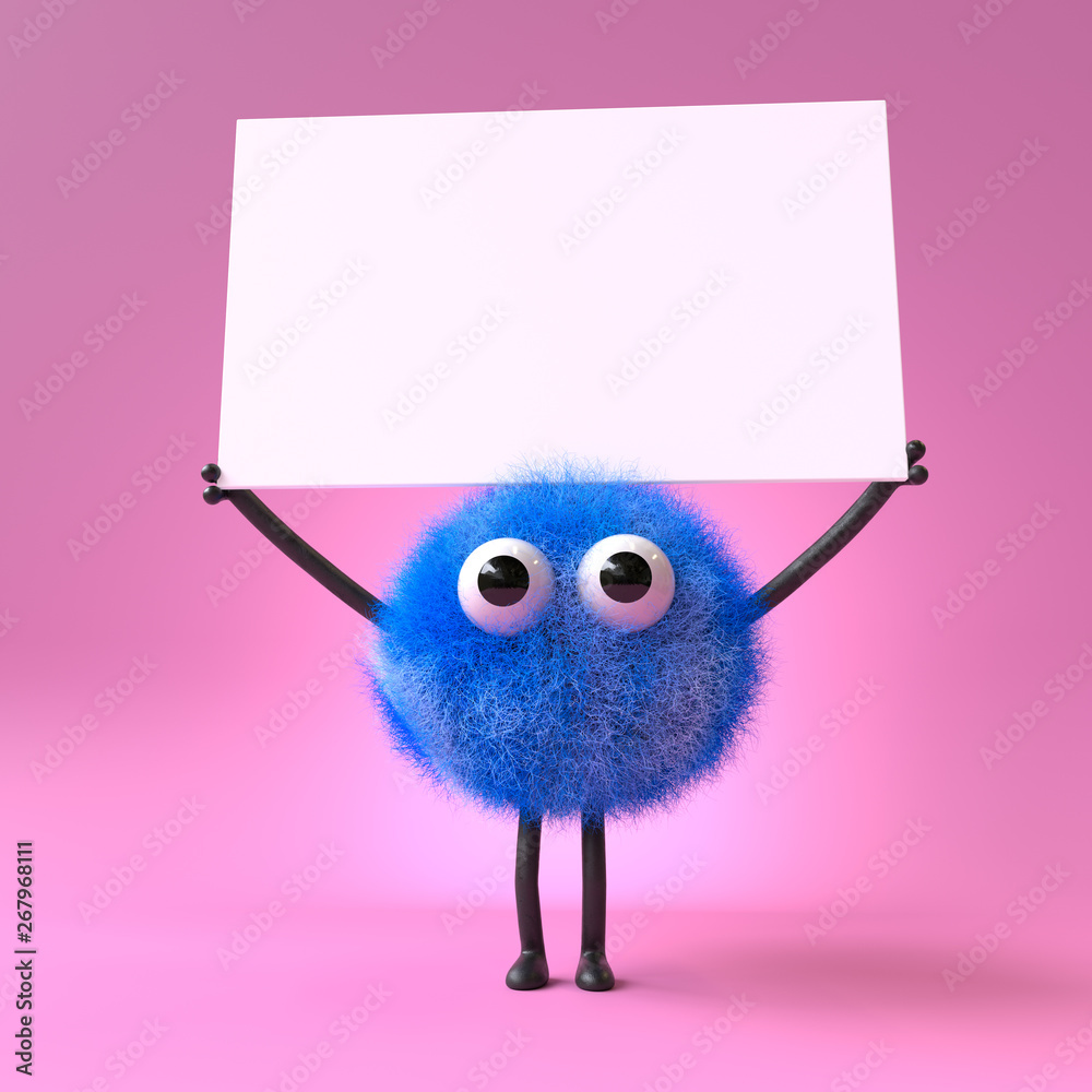 3d cute monster holding up a blank sign,colorful cartoon character ...