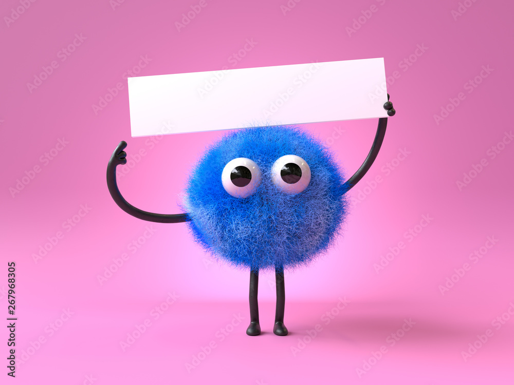 3d cute monster holding up a blank sign,colorful cartoon character ...