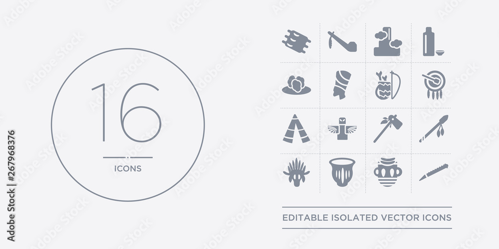 16 vector icons set such as native american flute, native american mask ...