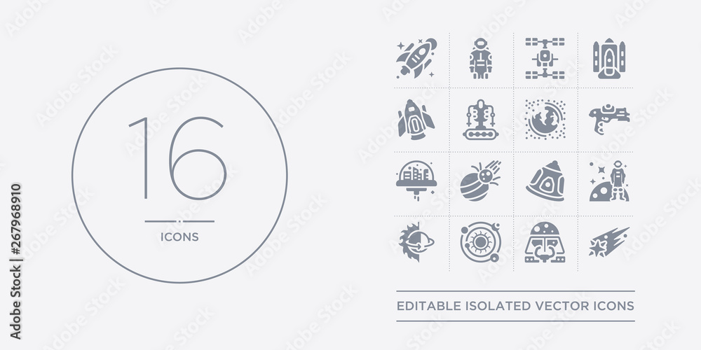 16 vector icons set such as shooting star, simulator, solar system ...