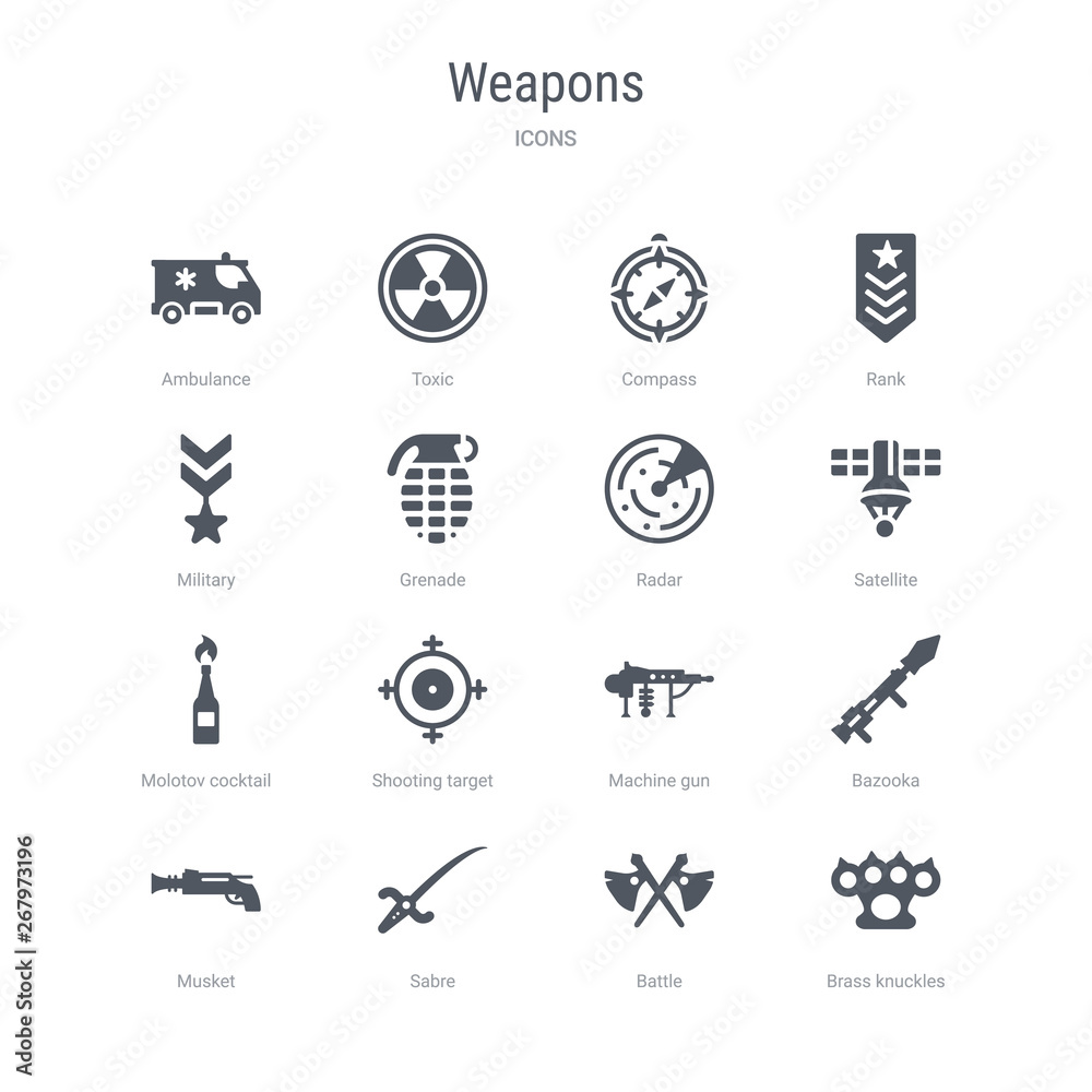 set of 16 vector icons such as brass knuckles, battle, sabre, musket ...