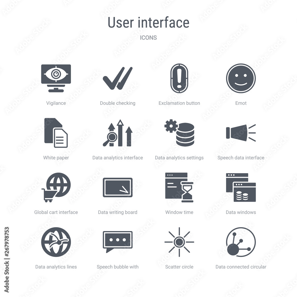 set of 16 vector icons such as data connected circular interface, scatter circle, speech bubble ...