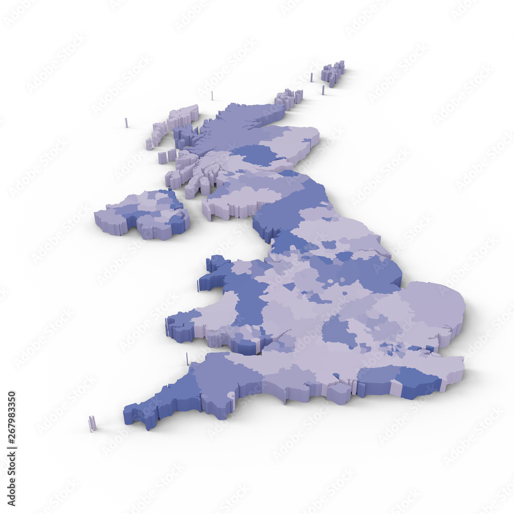 Top down angled view of map of united kingdom, counties in blue. 3d ...