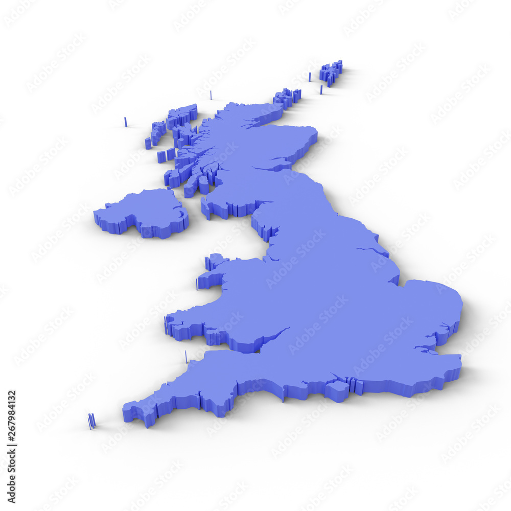 Top down angled view of blue map of united kingdom on white background ...