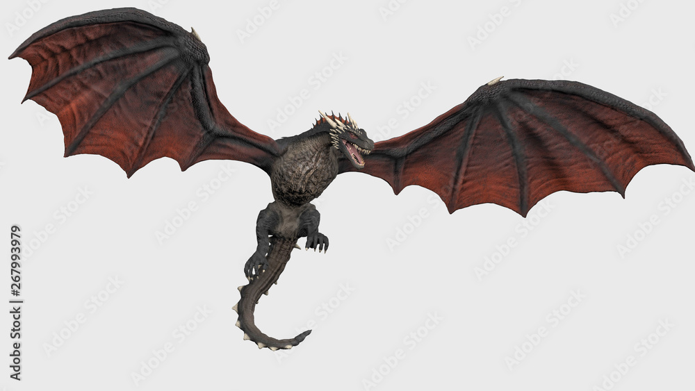 Dragon with fully opend wings hanging in air white background isolated ...