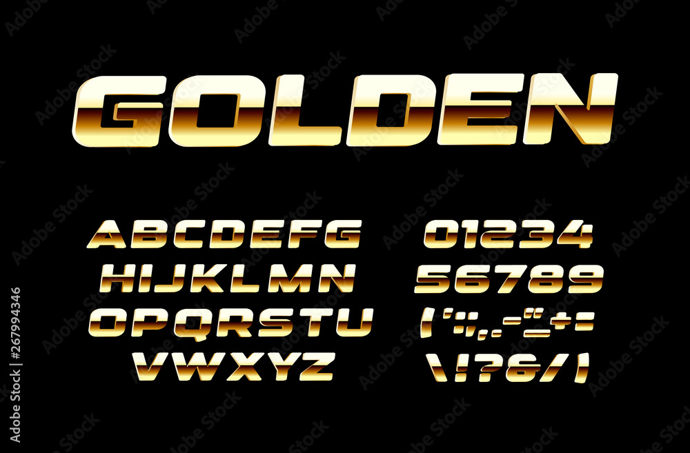 Bright Golden letters and numbers set. Bold gold and polished bronse ...