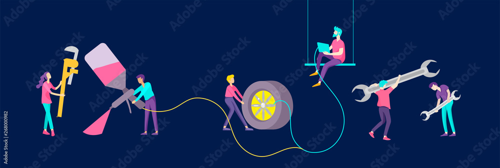 Car service having their repaired, cartoon people characters paint car ...