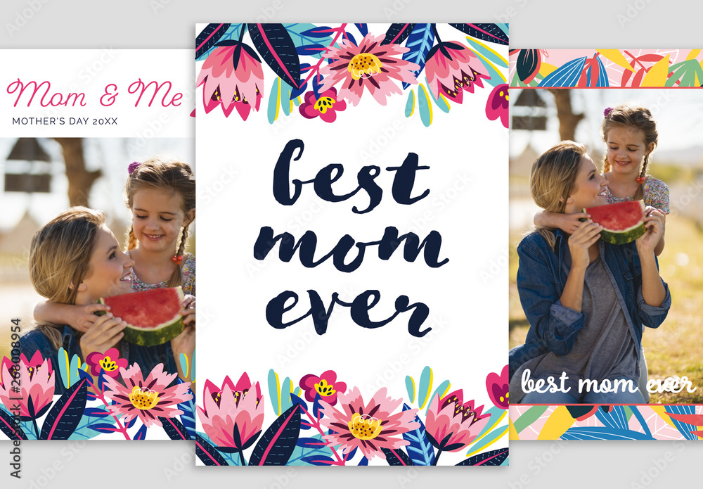 Mother's Day Card Layout Set with Floral Graphic Elements Stock ...