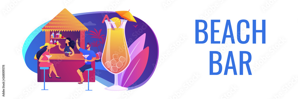 Bartender in beach bar and tourists drinking cocktails in tropical ...