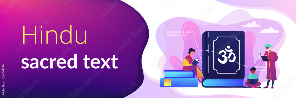 Indian family in traditional clothes reading Hindu texts, tiny people ...