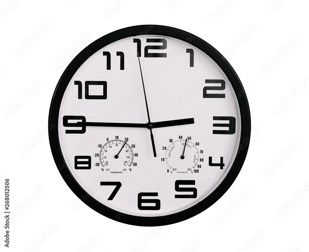 simple classic black and white round wall clock isolated on white ...