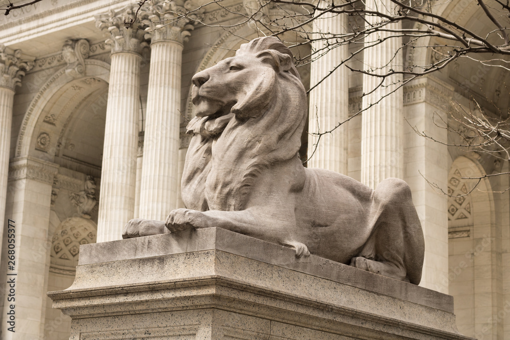Statue of stone lions in front of the New York Public Library on Fifth ...