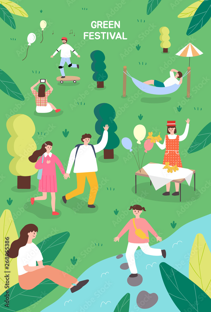 Nature Festival. Poster template for outdoor festival. Flat cartoon ...