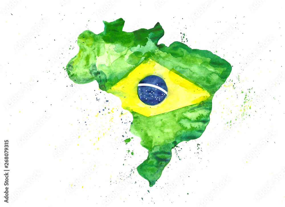 Watercolor illustration hand draw map of Brazil in the colors of the ...