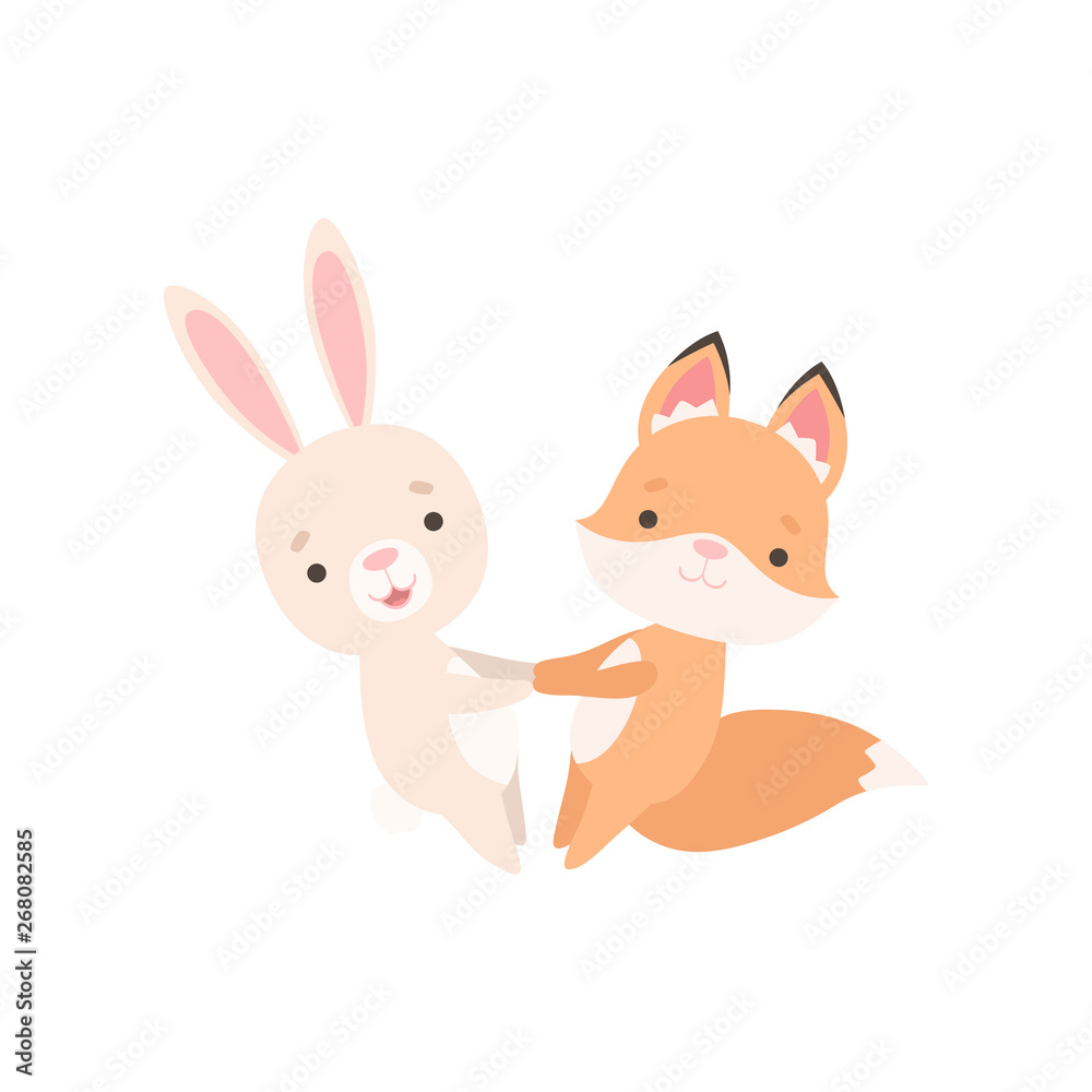 Lovely White Little Bunny and Fox Cub, Cute Best Friends Having Fun Together, Adorable Rabbit ...