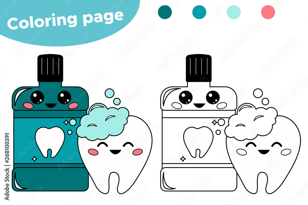 Coloring page for kids about dental hygiene. Cute kawaii cartoon tooth ...