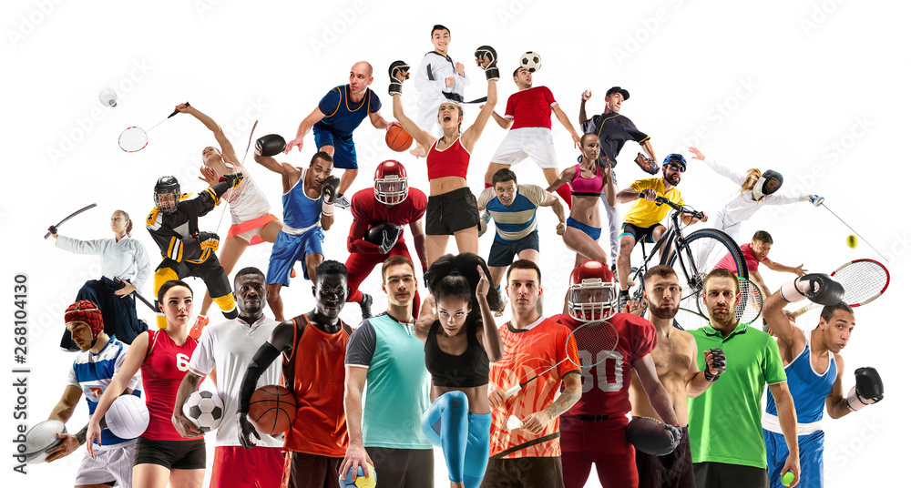 Sport collage. Tennis, running, badminton, soccer and american football ...