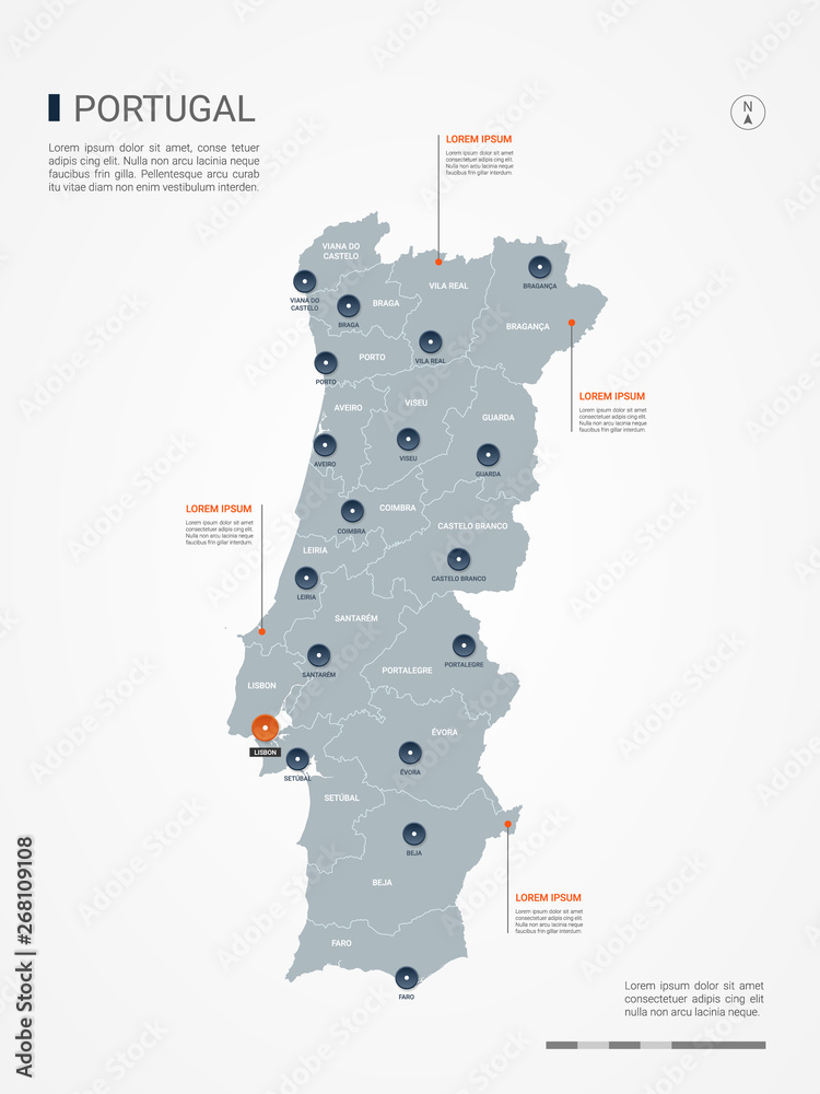 Portugal map with borders, cities, capital and administrative divisions ...