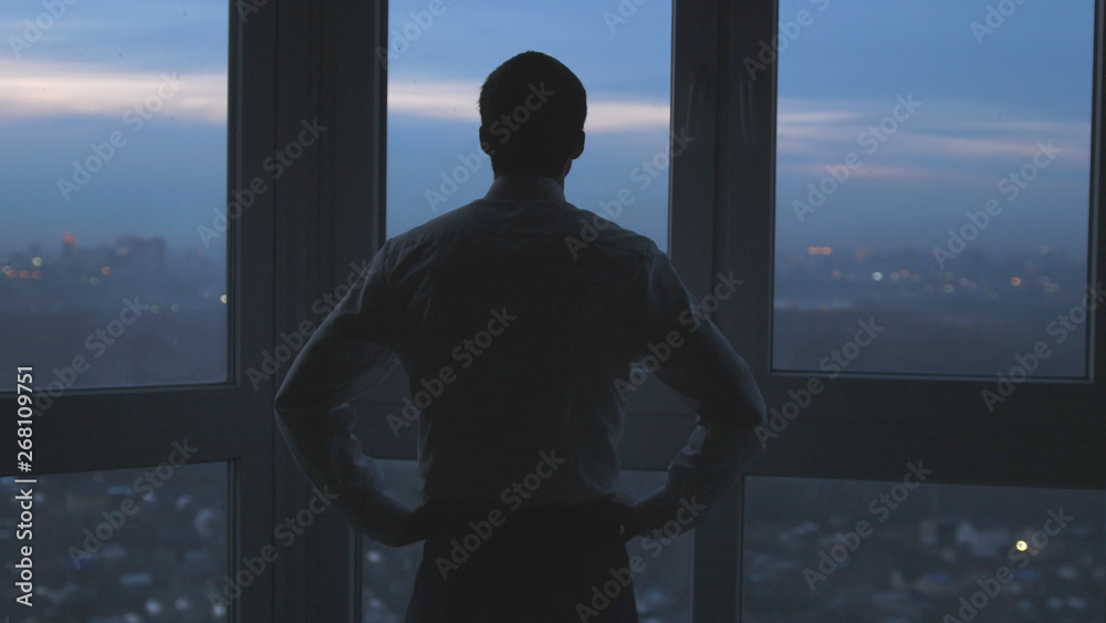 Back view of businessman stand near the window and looks on night city ...