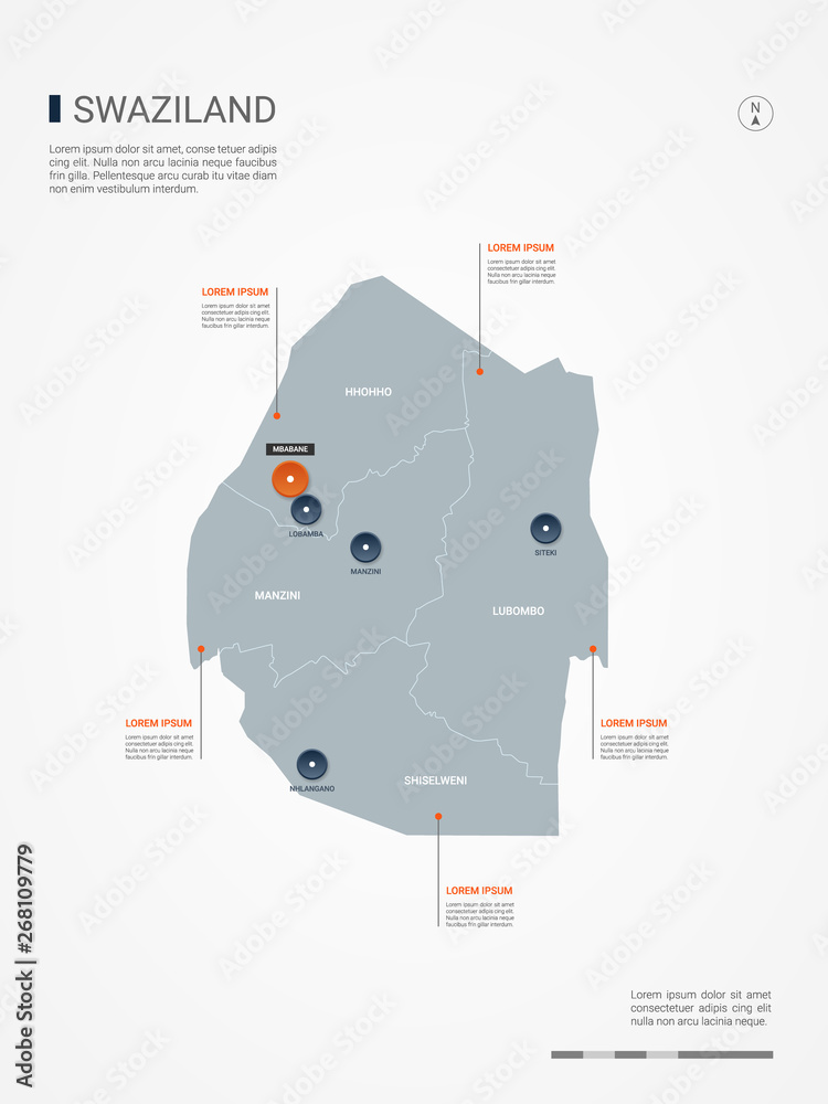 Swaziland map with borders, cities, capital and administrative ...